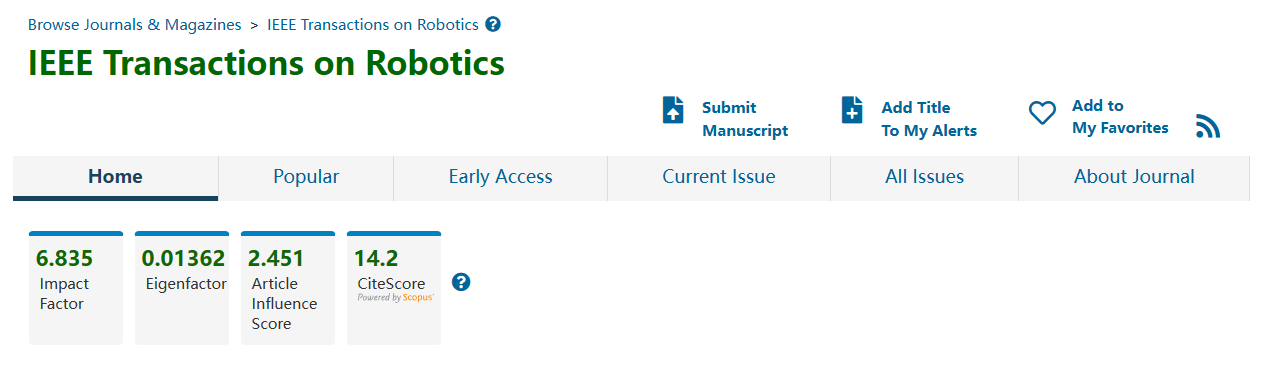 计算机科学sci期刊推荐:ieee Transactions On Robotics 佩普学术